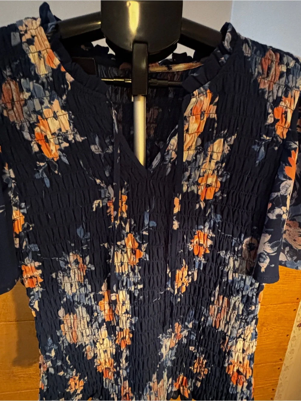Maurices | Tops | Maurices Navy Blue Floral Smocked Top With Orange And ...